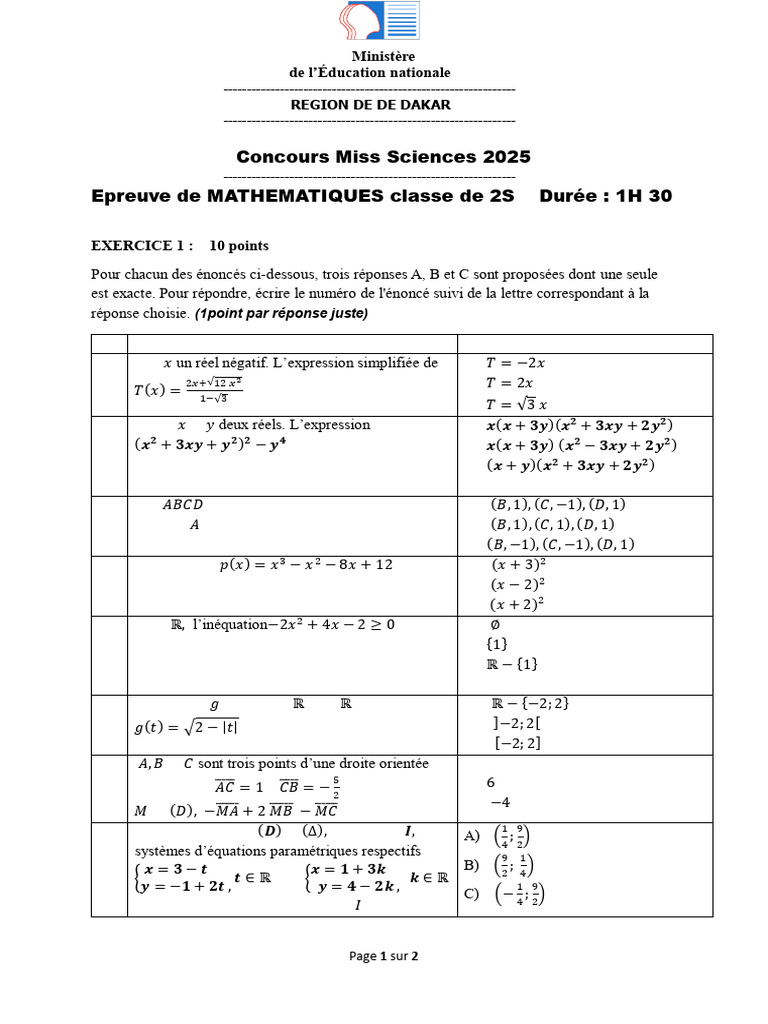 Concours Miss Sciences 2025 - Épreuve Maths | PDF | Algèbre générale ...