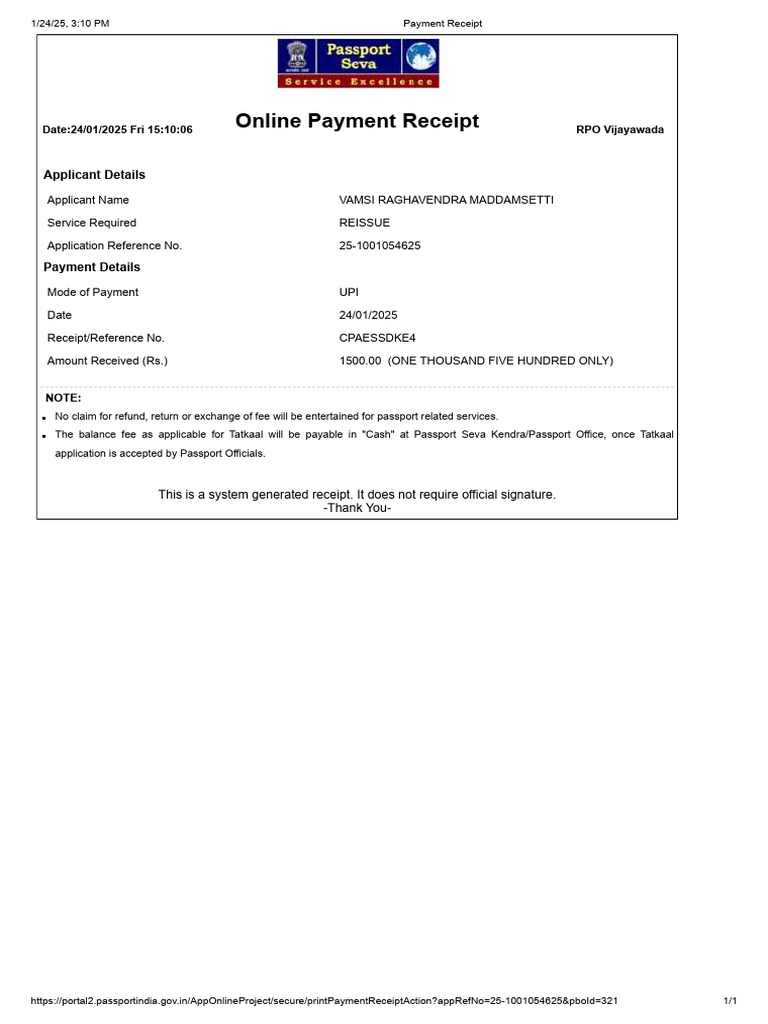 Payment Receipt of Passport | PDF