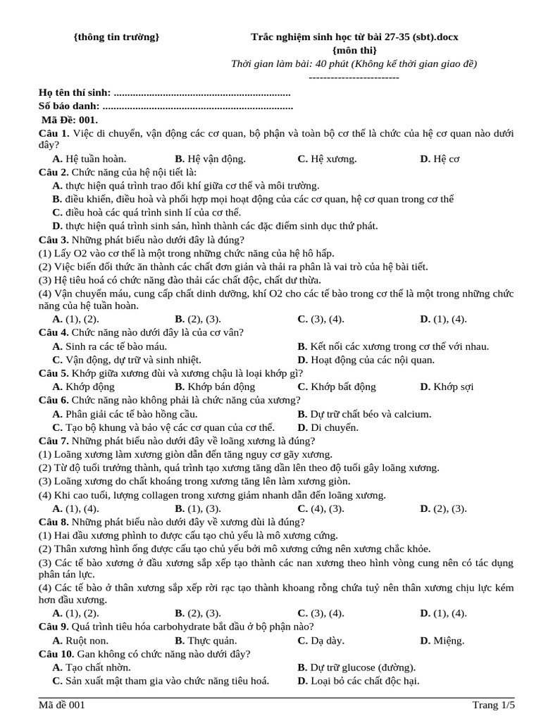 001 5cdoqx Trac Nghiem Sinh Hoc Tu Bai 27-35 (SBT) .Docx 27 03 2025 | PDF