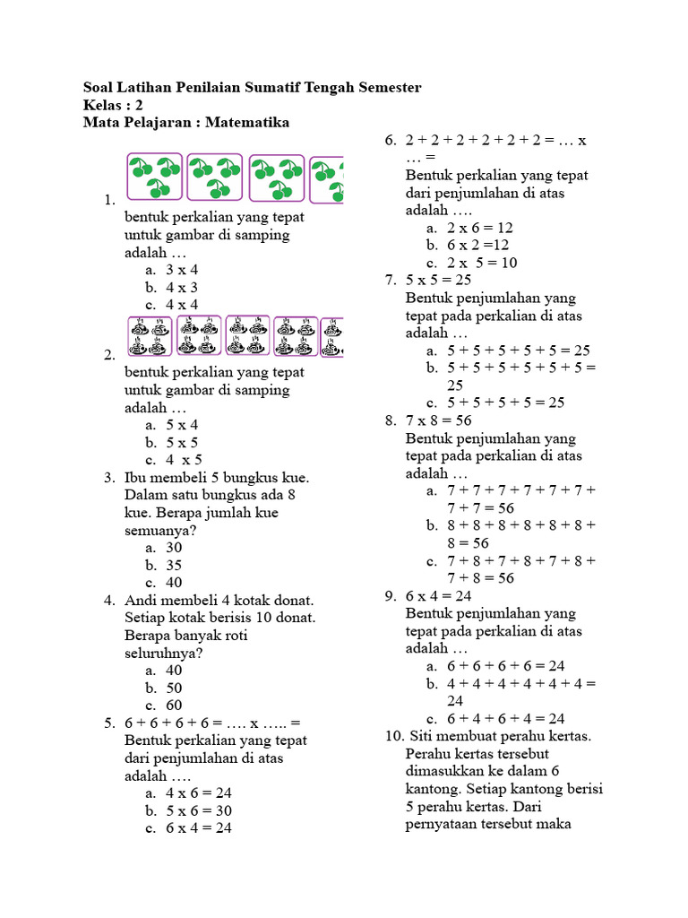 SOAL LATIHAN PTS MTK KELAS 2 | PDF