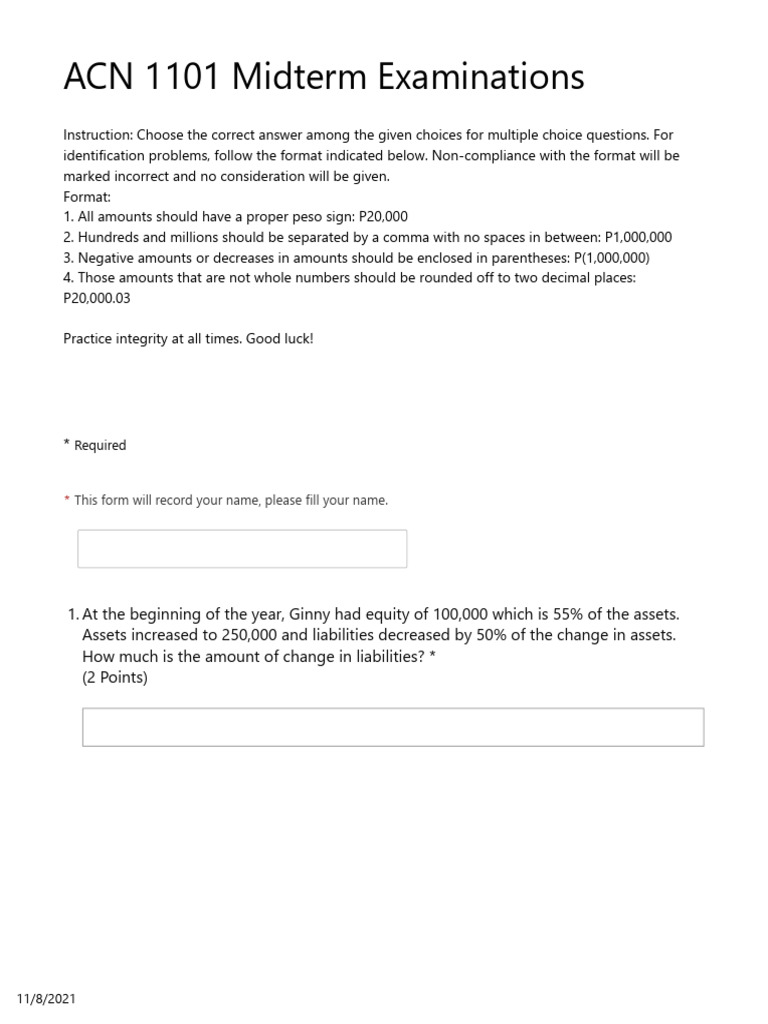 ACN 1101 Midterm Examinations (Preview) Microsoft Forms | PDF | Equity ...