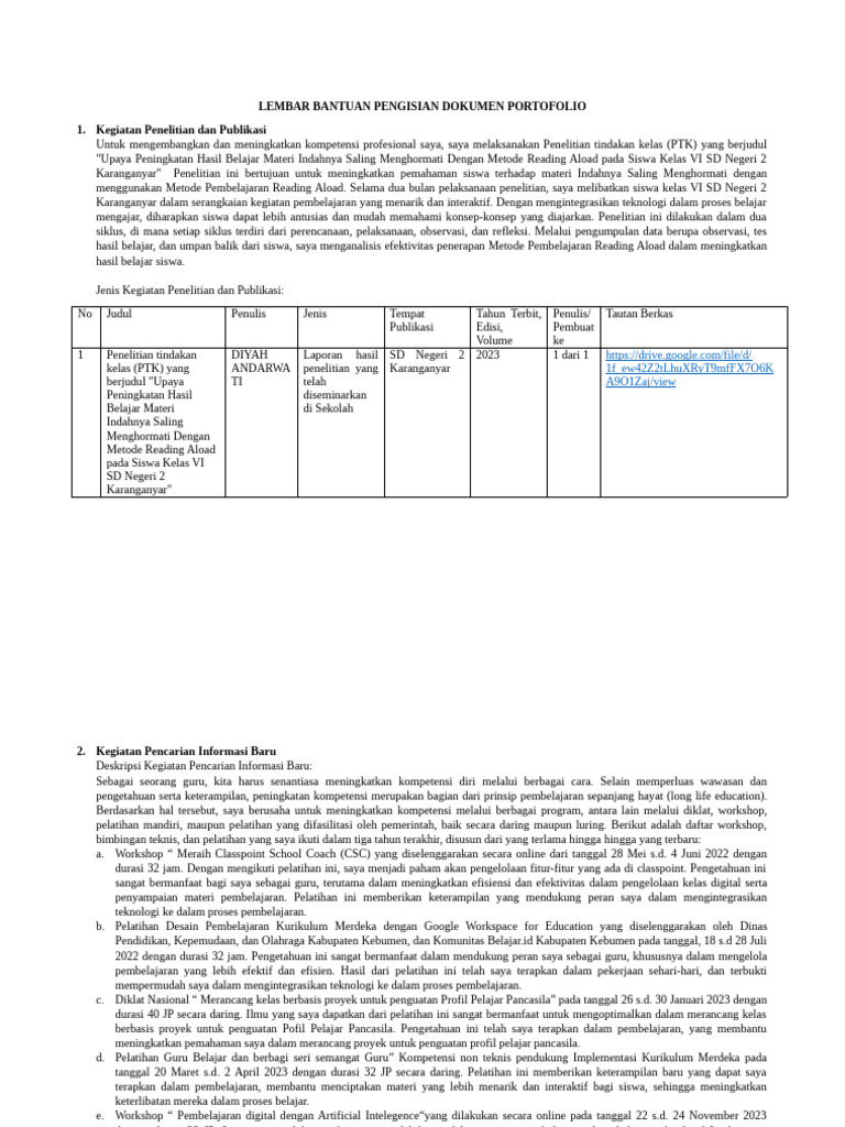 Panduan Pengisian Dokumen Portofolio | PDF