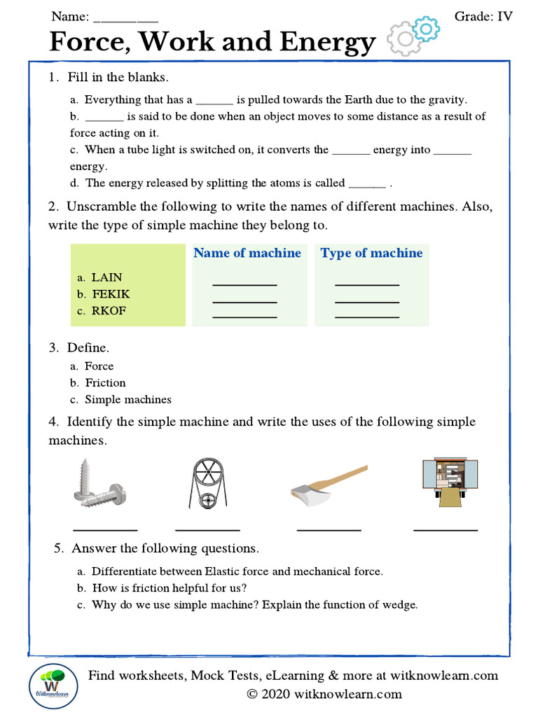 Force Work and Energy Class 4 I Worksheets and Printable 0 2020 13 08 ...