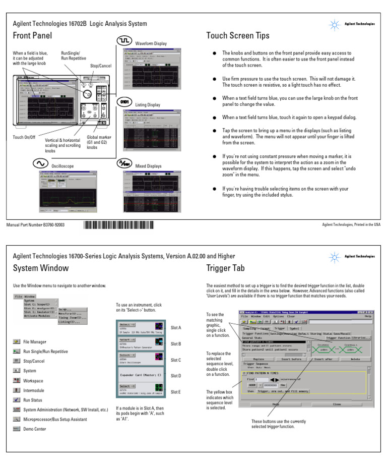 Front Panel Touch Screen Tips: Agilent Technologies 16702B Logic ...