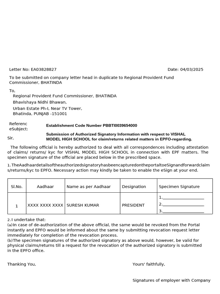 Authorized Signatory Submission for EPFO | PDF