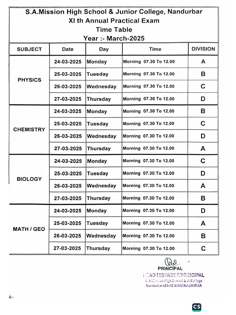Practical Time-Table March 2025 | PDF