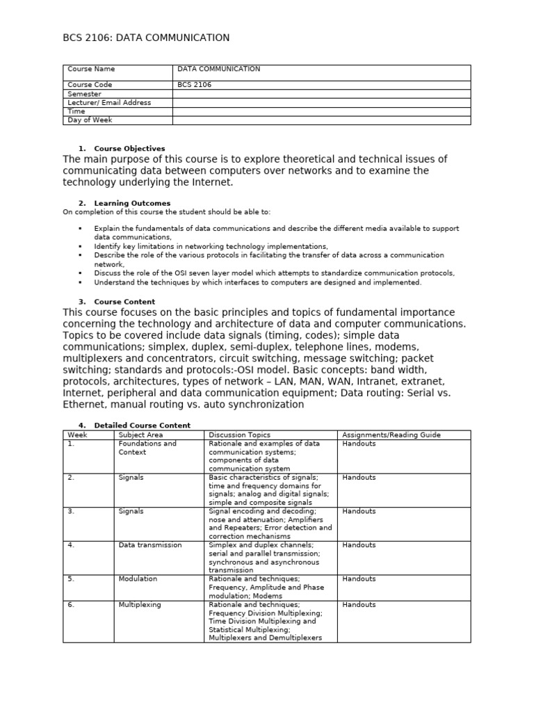 Bcs 2106-Data Communication Course Outline | PDF | Computer Network ...