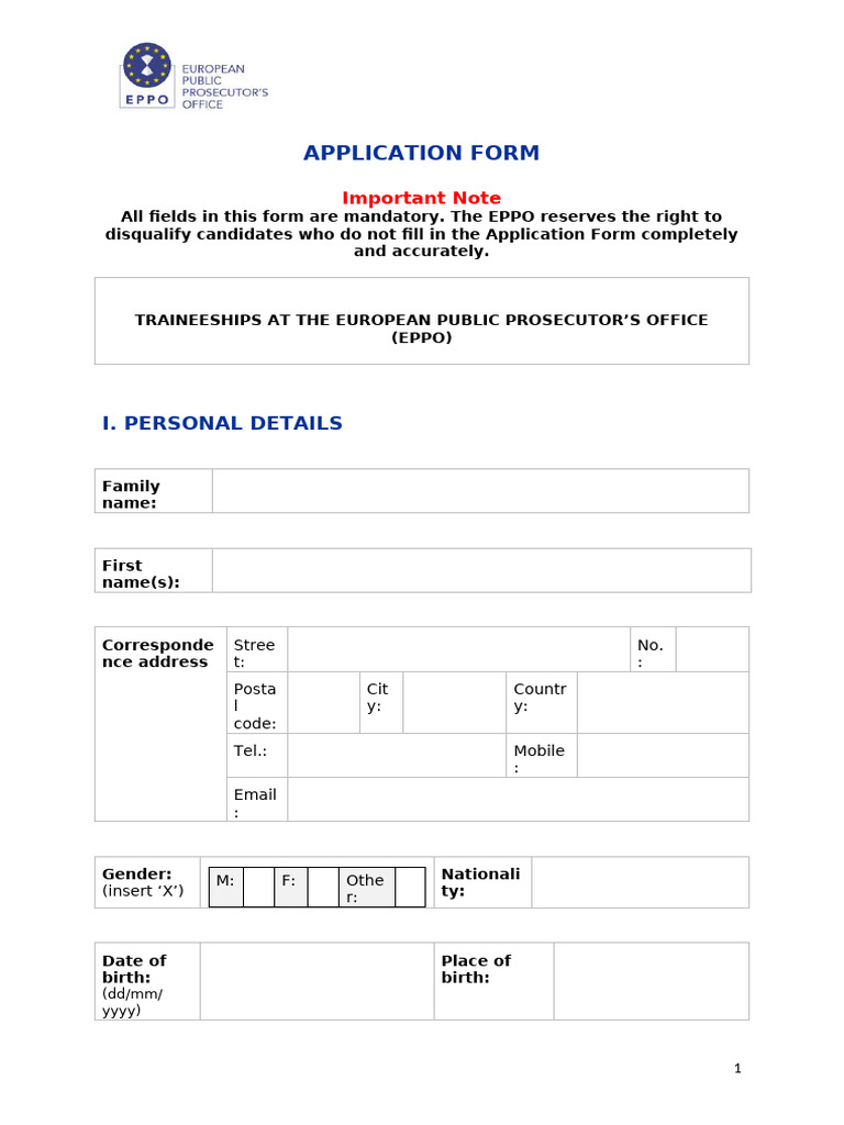 EPPO Application Form For Traineeship | PDF | Justice | Crime & Violence