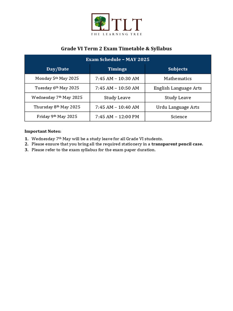 Grade VI May 2025 Exam Timetable | PDF | Reading Comprehension | Question