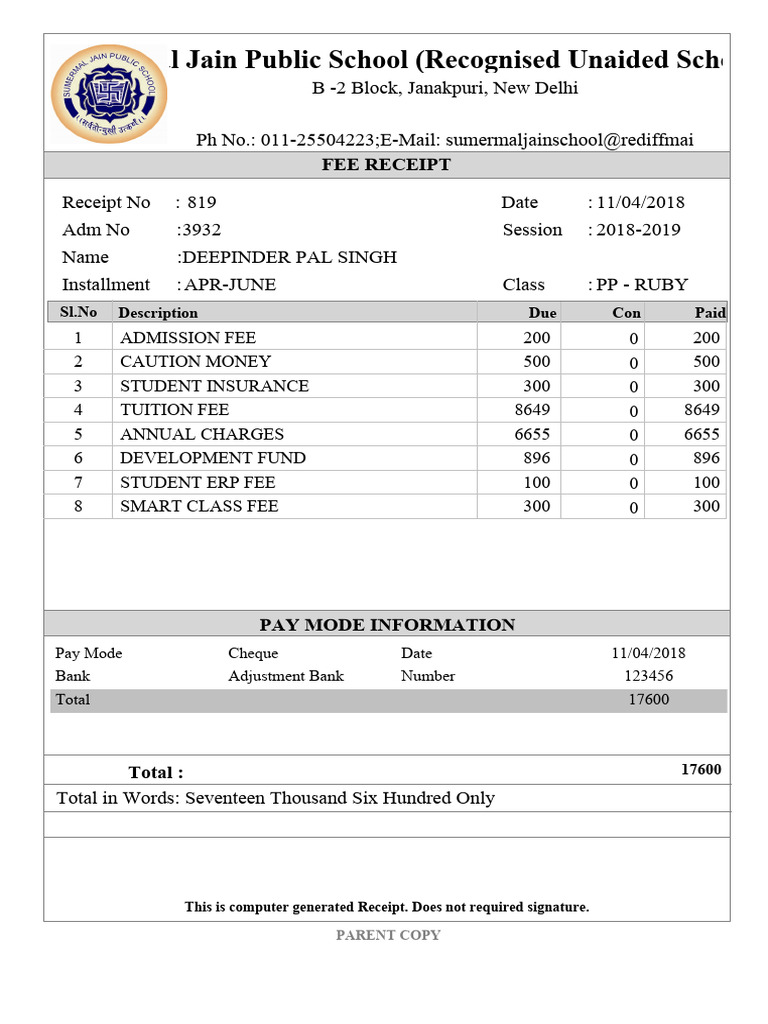 Parent Fee Receipt Print | PDF