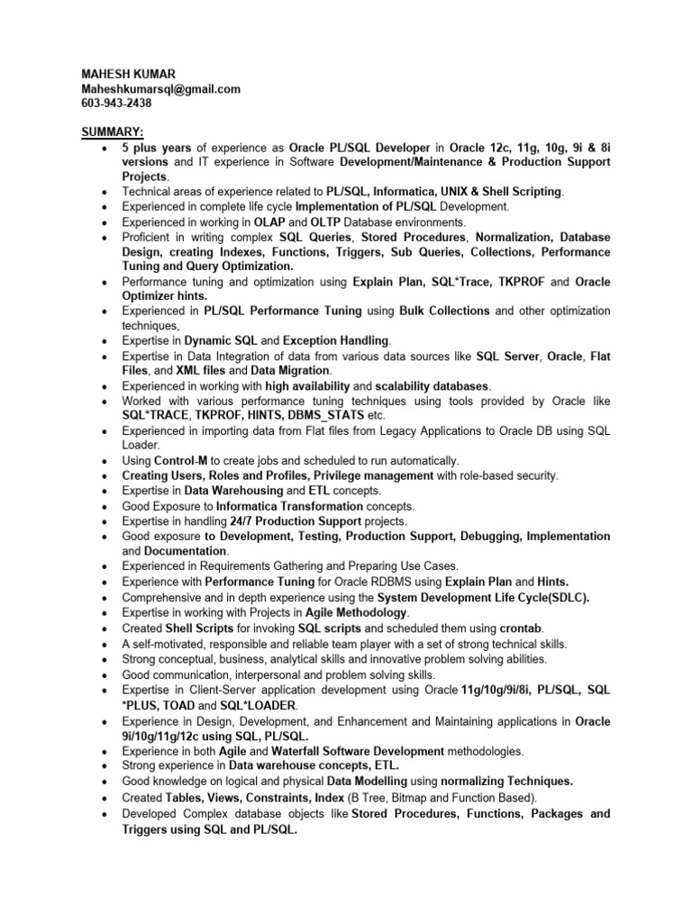 Dice Resume CV Mahesh Kumar Vulluri | PDF | Pl/Sql | Sql