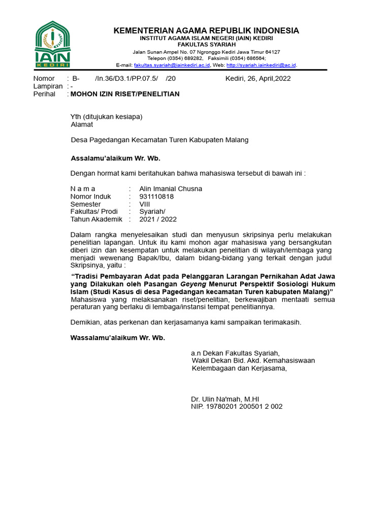 SURAT PENELITIAN ALIN IMANIAL CHUSNA | PDF