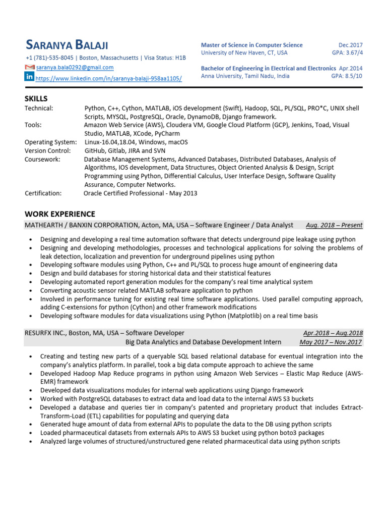 Dice_Resume_CV_Saranya_Balaji | PDF | Databases | Amazon Web Services