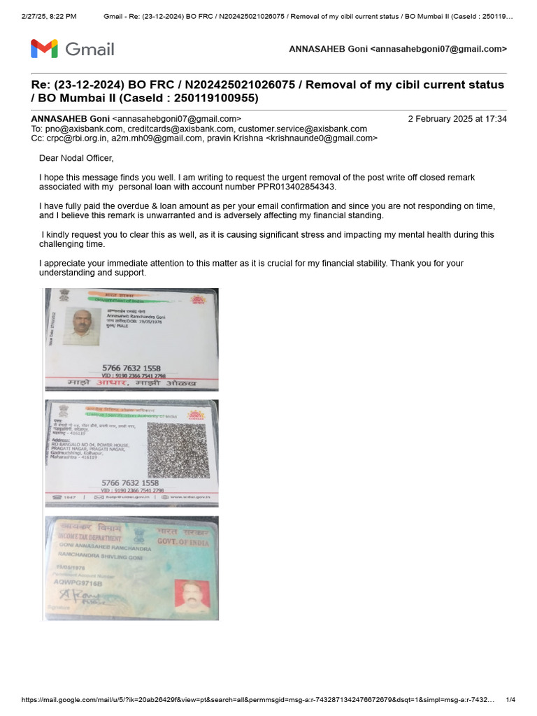 Gmail - Re - (23-12-2024) BO FRC - N202425021026075 - Removal of My Cibil Current Status - BO ...