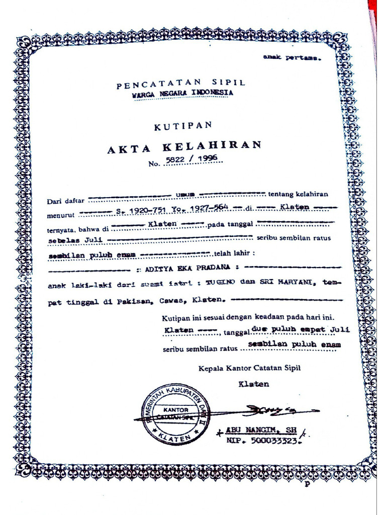 akta lahir aditya | PDF