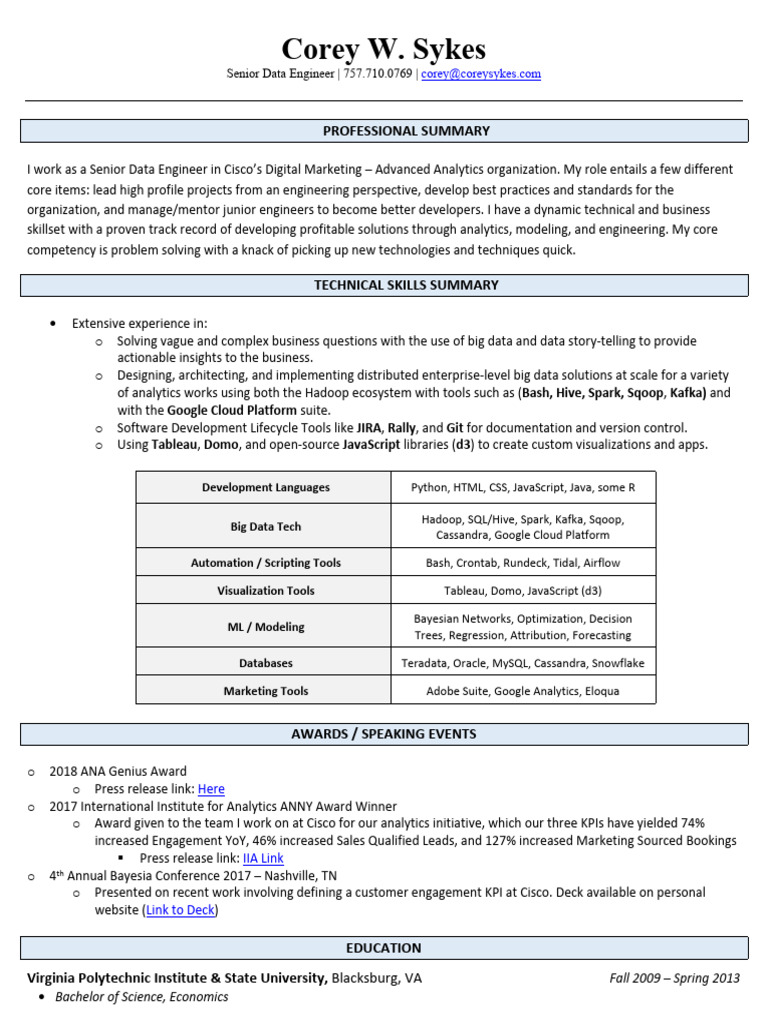 Dice Resume CV Corey Sykes | PDF | Analytics | Apache Spark