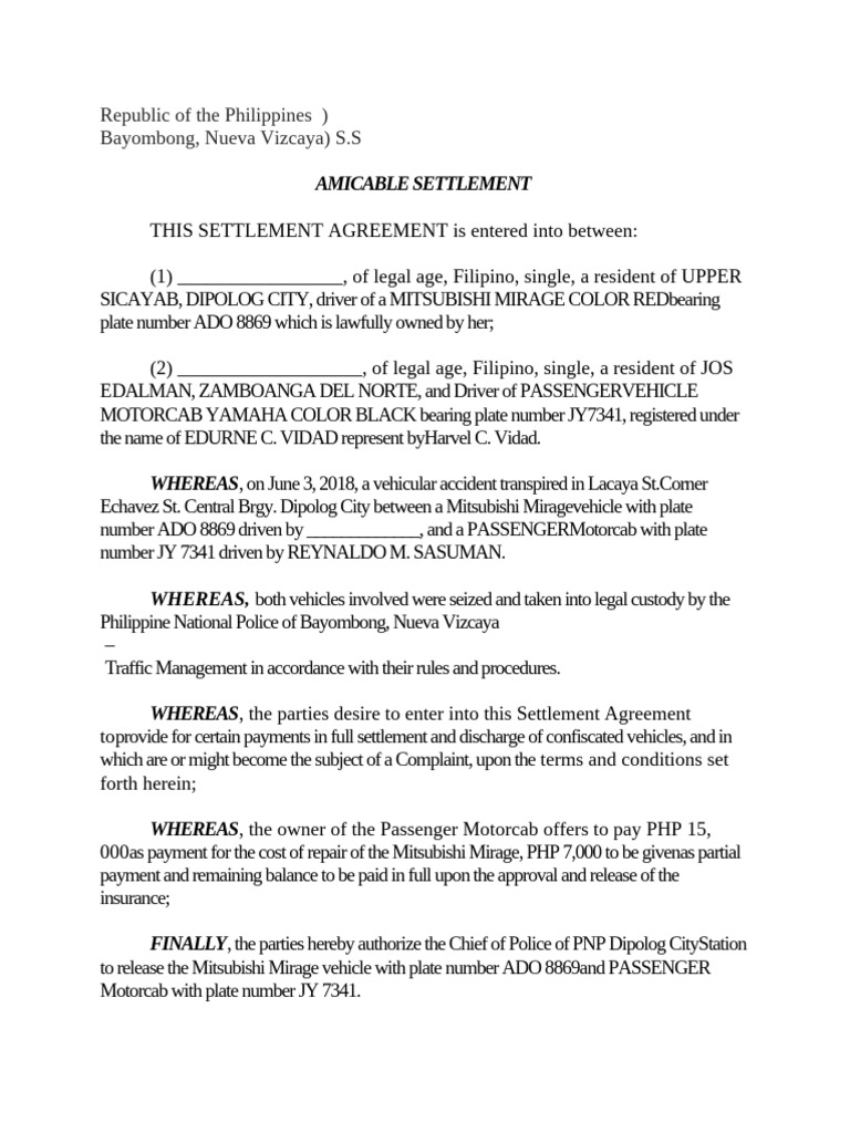 Amicable Settlement With Release of Vehicle | PDF