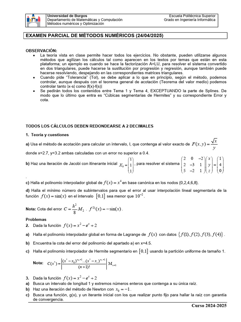 Ejercicios Preparacion Examen Dia 24 | PDF | Análisis numérico | Optimización Matemática
