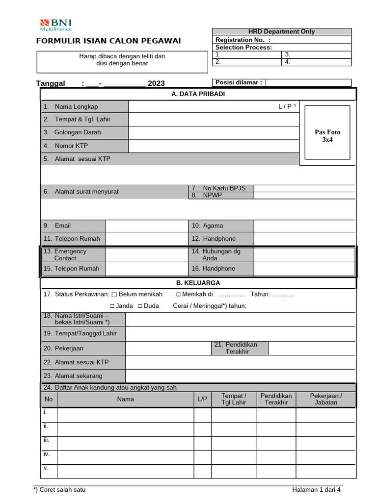 Formulir Pendaftaran Calon Pegawai BNI | PDF