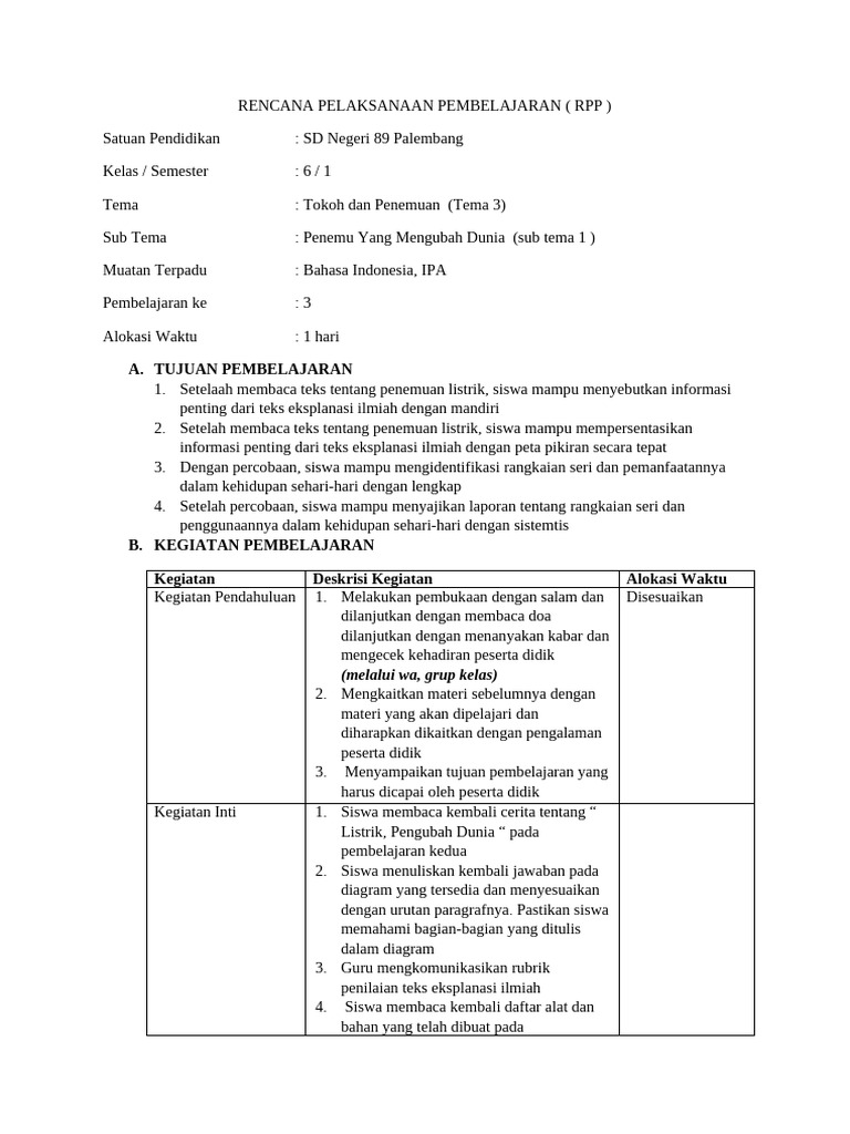 RPP Kelas 6 Tema 3 Subtema 1 Pembelajaran 3 Dan 4 | PDF