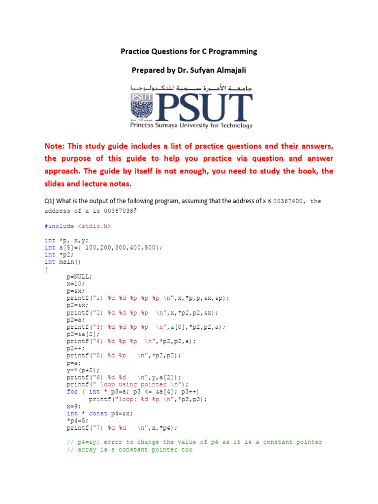 Practice Questions For C Programming | PDF | Pointer (Computer Programming) | Parameter ...