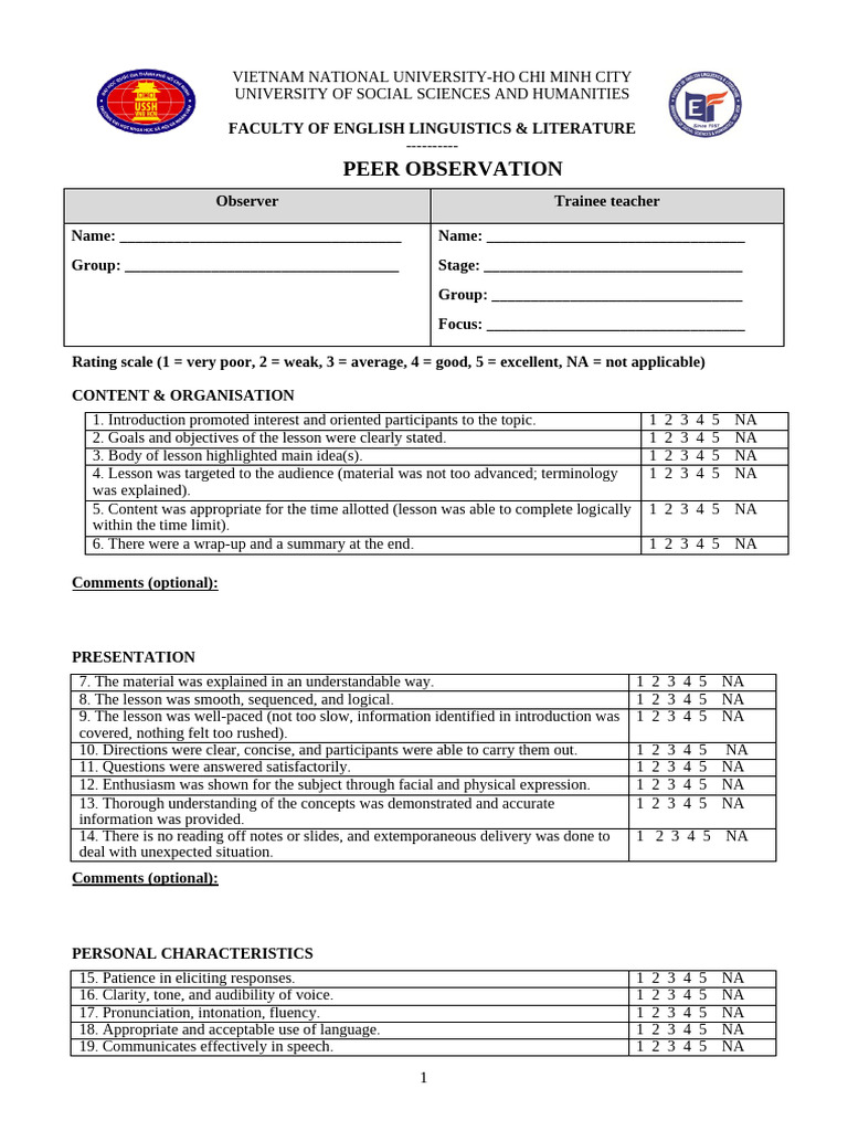 Peer observation form (1) | PDF | Nonverbal Communication | Human ...