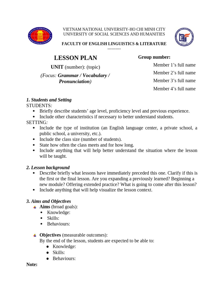 Full Lesson Plan Template For Microteaching - TP1 | PDF | Lesson Plan ...