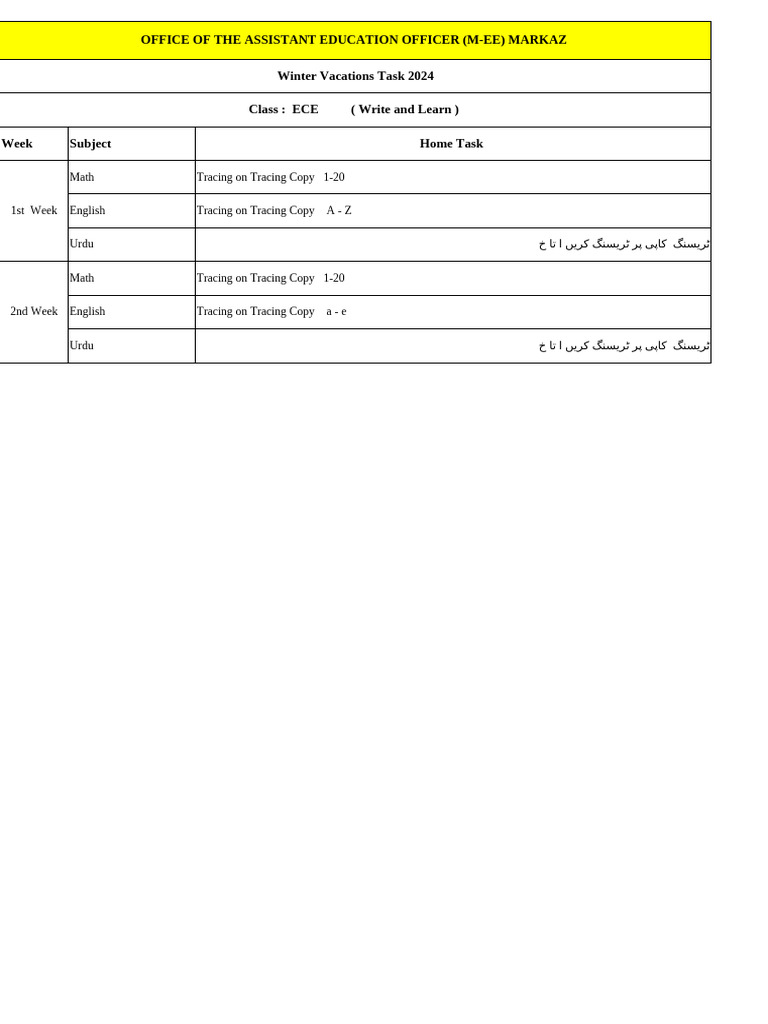 Winter Vacations Task 2024 Baigpur | PDF