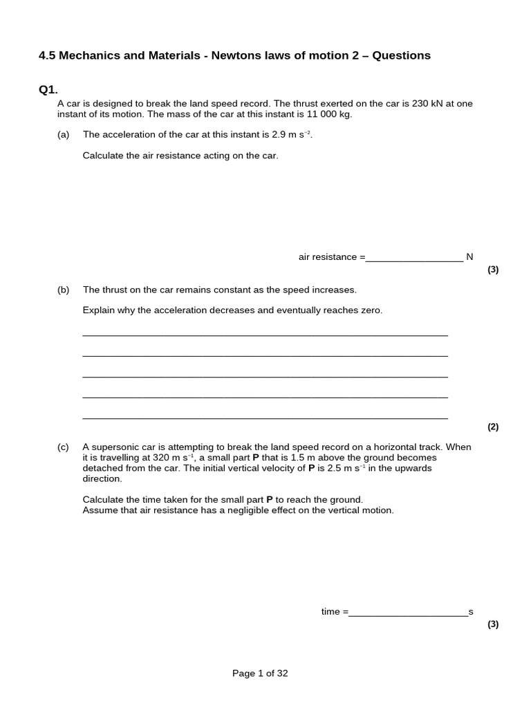 Newton's Laws of Motion: Car Dynamics Questions | PDF | Force | Thrust