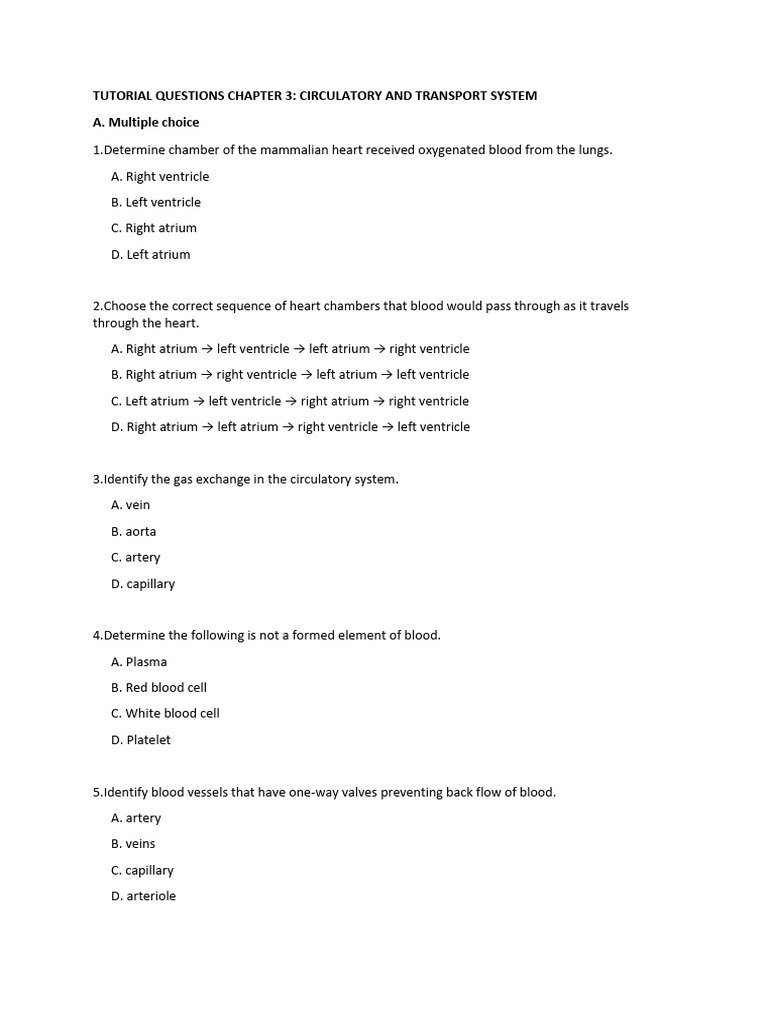 Circulatory System Tutorial Questions | PDF | Blood | Circulatory System
