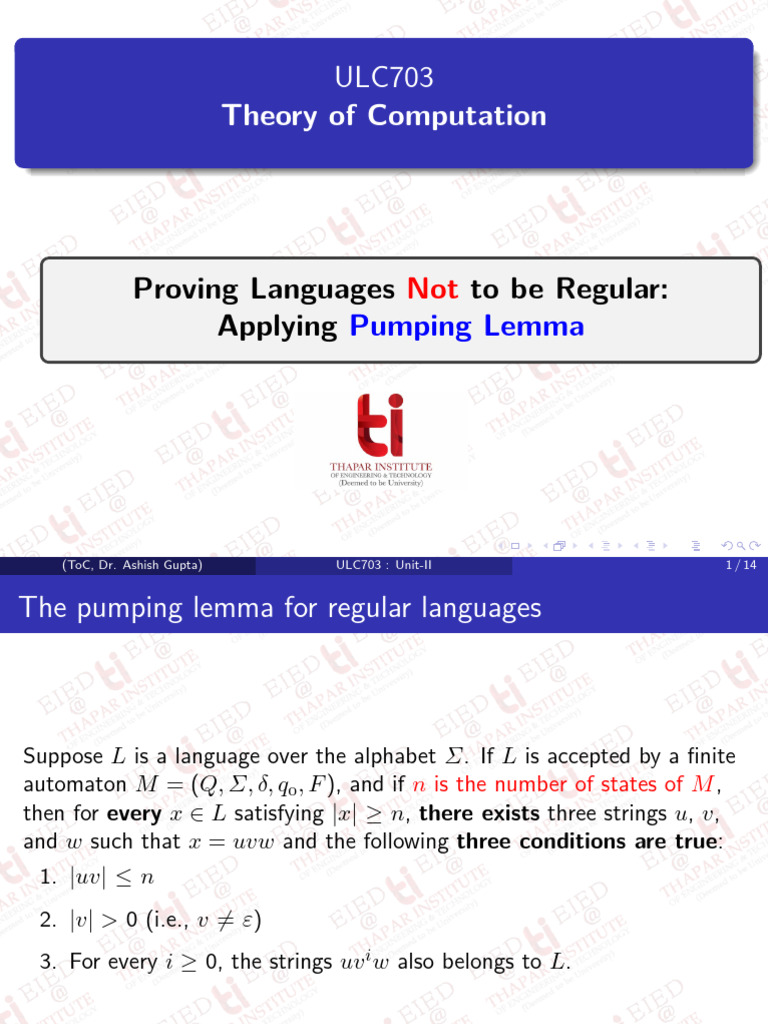 204 Pumping Lemma Applications | PDF | Syntax (Logic) | Theoretical Computer Science