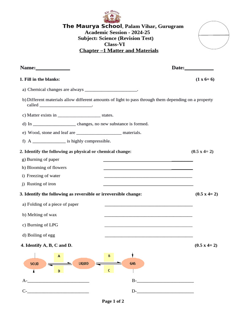 Ch-1 Matter & Materials Revision Sheet | PDF | Liquids | Water