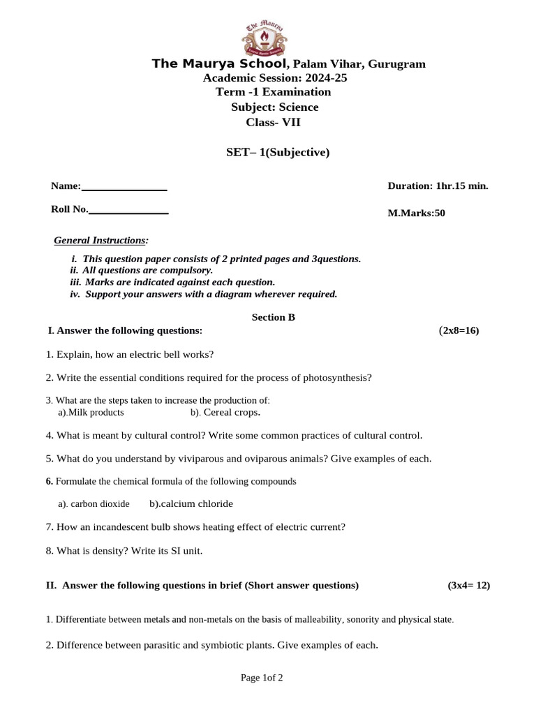 Class VII Science Exam Paper 2024-25 | PDF | Chemical Substances ...
