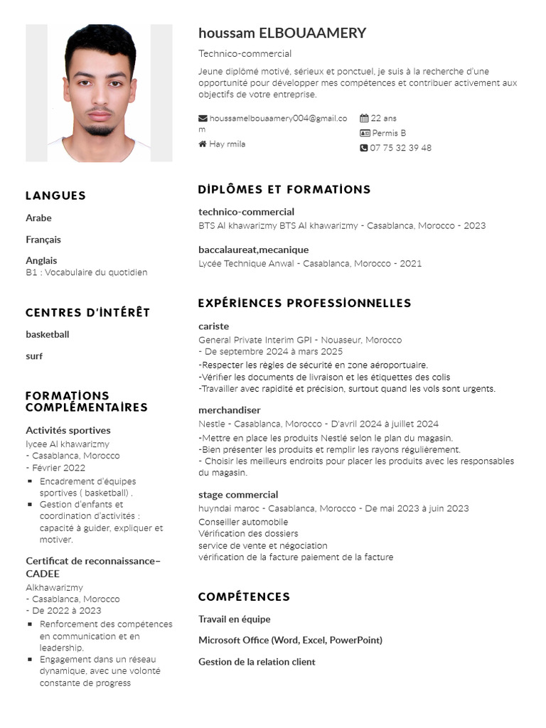 CV Houssam Elbouaamery - Technico-commercial | PDF | Maroc