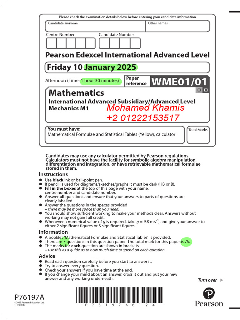 Edexcel A Level Mechanics M1 Exam Paper | PDF | Acceleration | Force