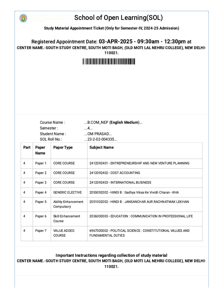 SOL Study Material Appointment SEM 4 | PDF