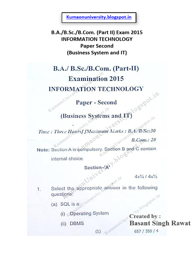 Business System and IT Paper II B.sc. IT 2nd Year 2015 | PDF
