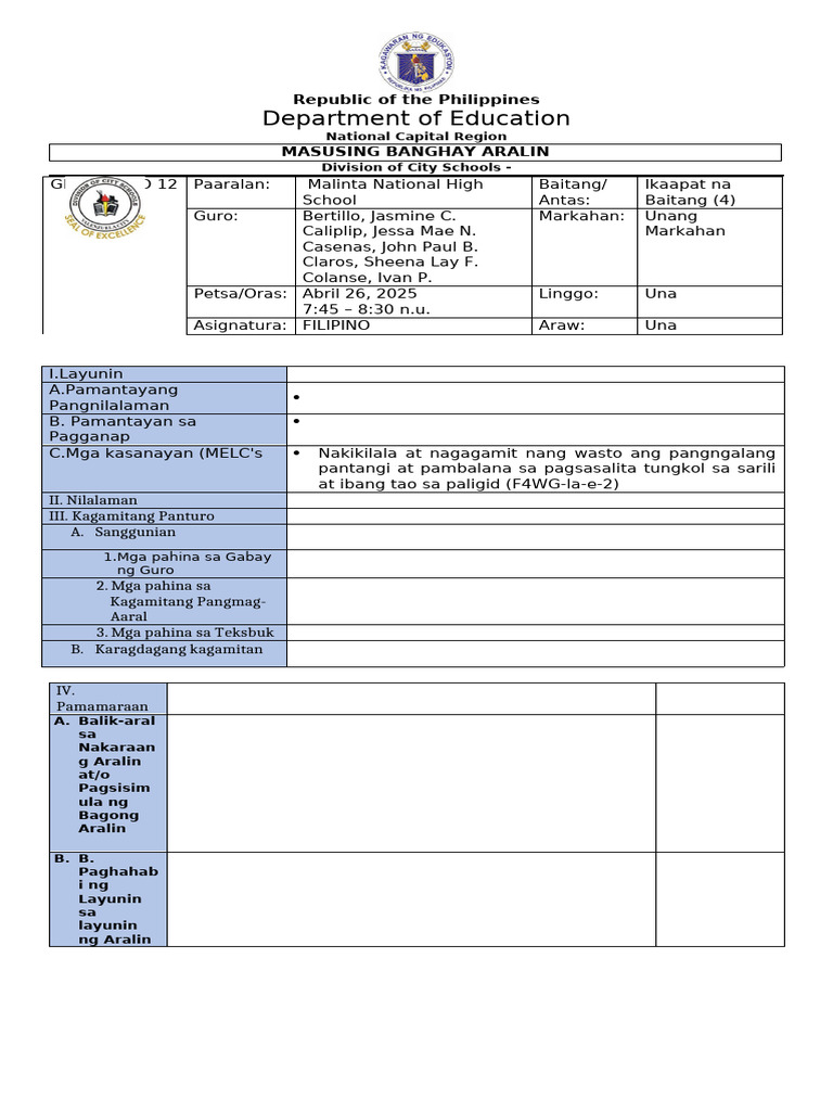 Banghay-Aralin_Fil4 (2) | PDF