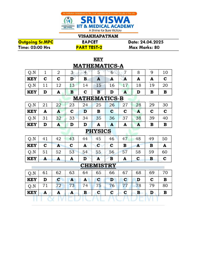(Outgoing) SR - MPC EAPCET PT-1 (17-04-2025) KEY | PDF