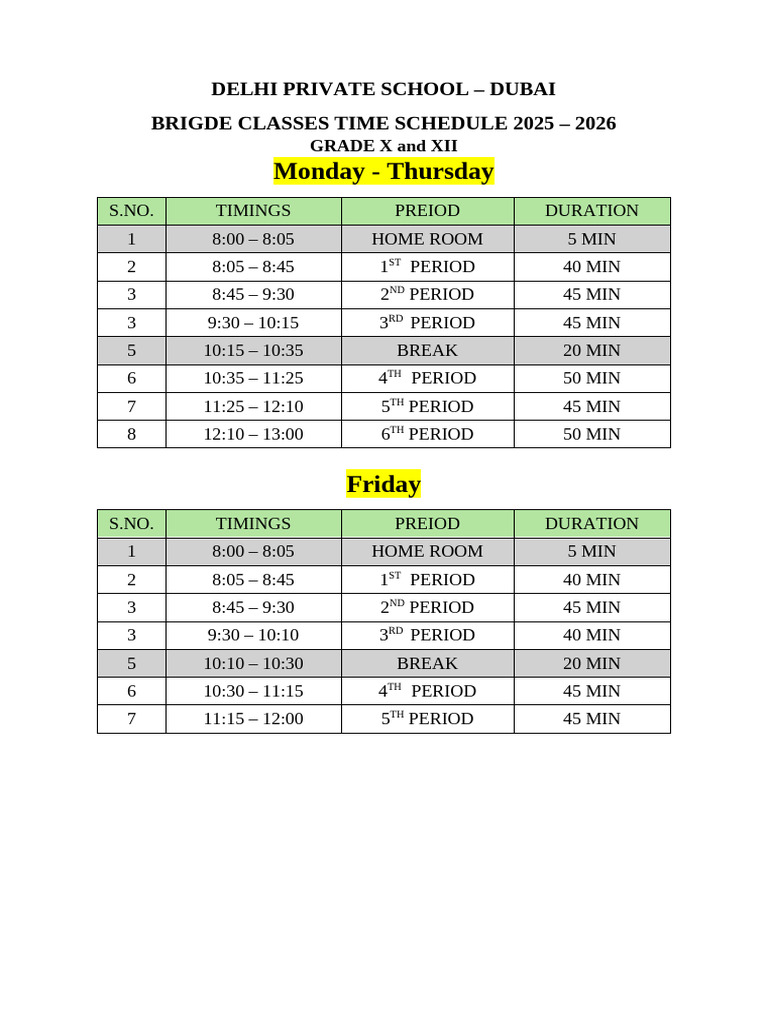Bridge Class time schedule 2 | PDF