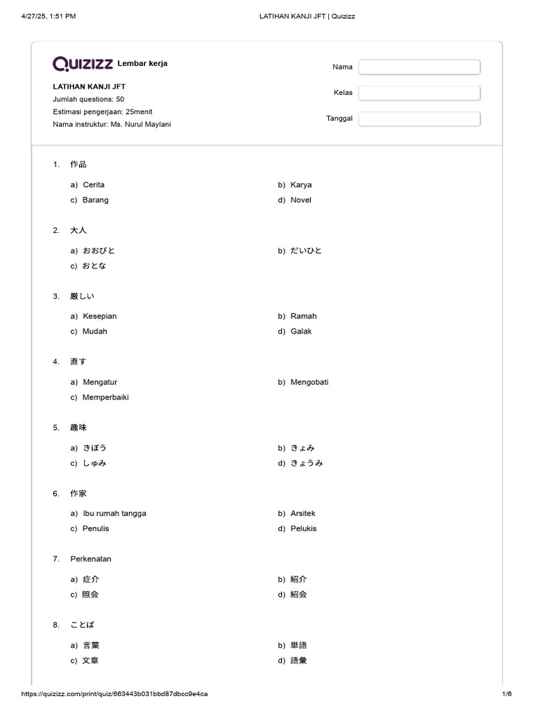 LATIHAN KANJI JFT - Quizizz | PDF