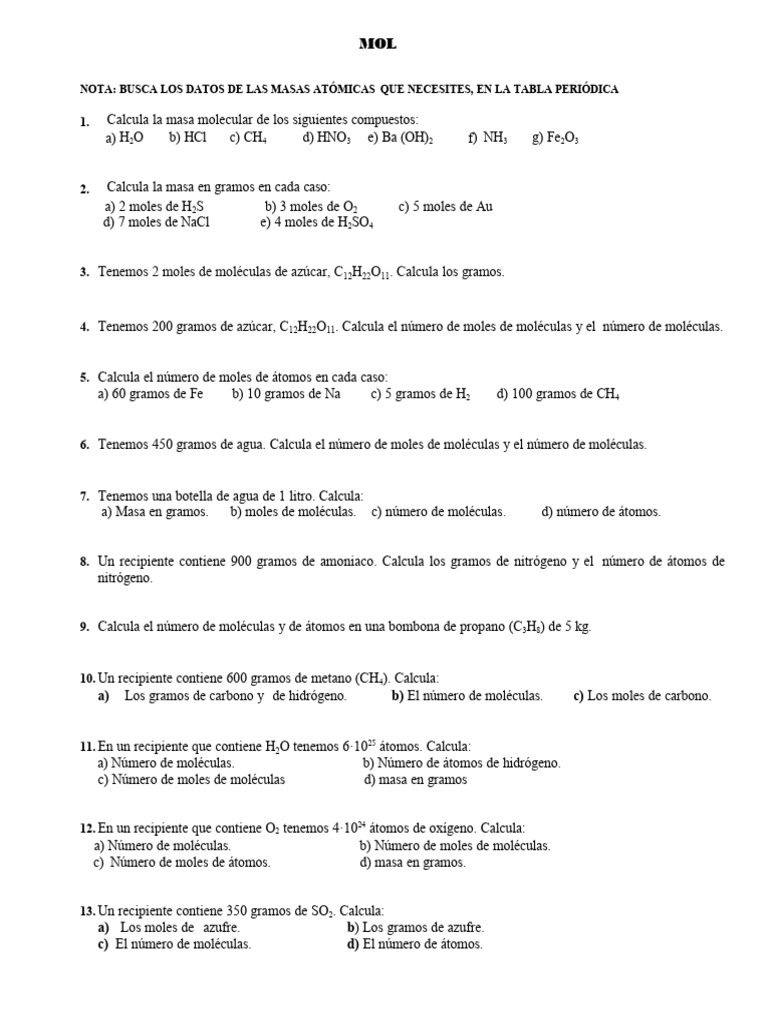 Ejercicios de Cálculo de Moles | PDF | Mole (Unidad) | Elementos químicos