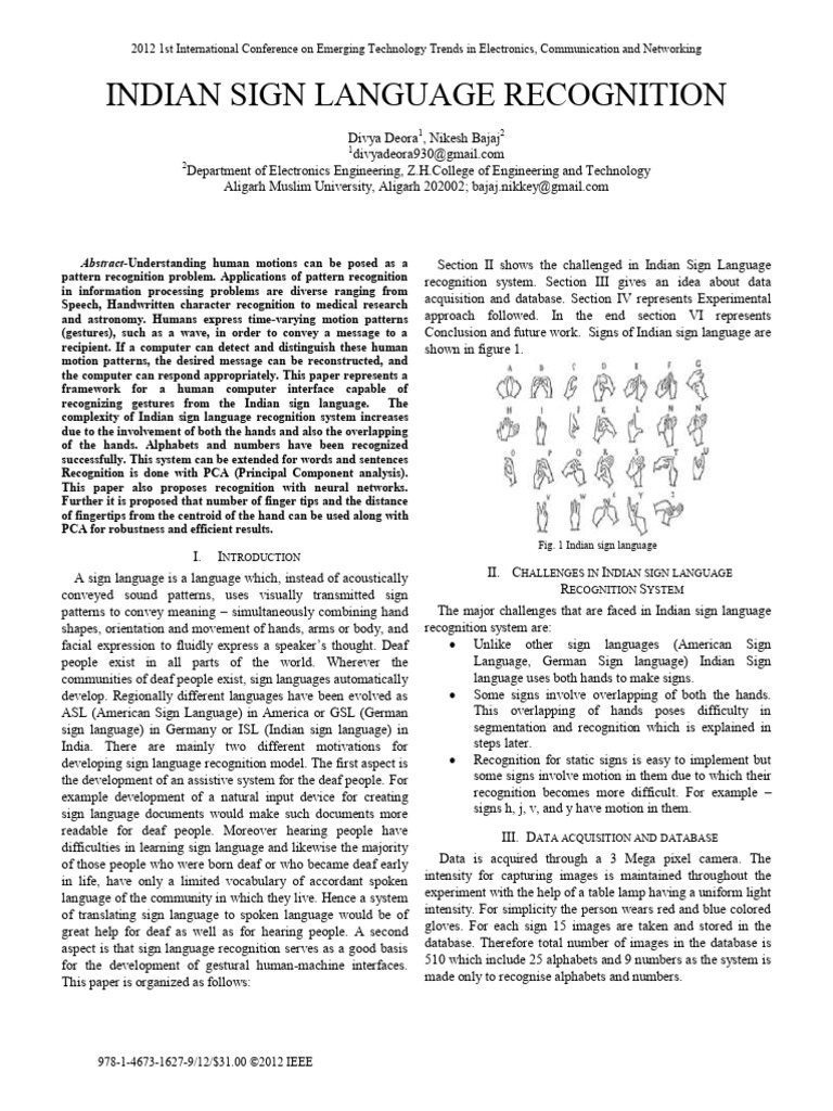 Indian Sign Language Recognition | PDF | Sign Language | Image Segmentation