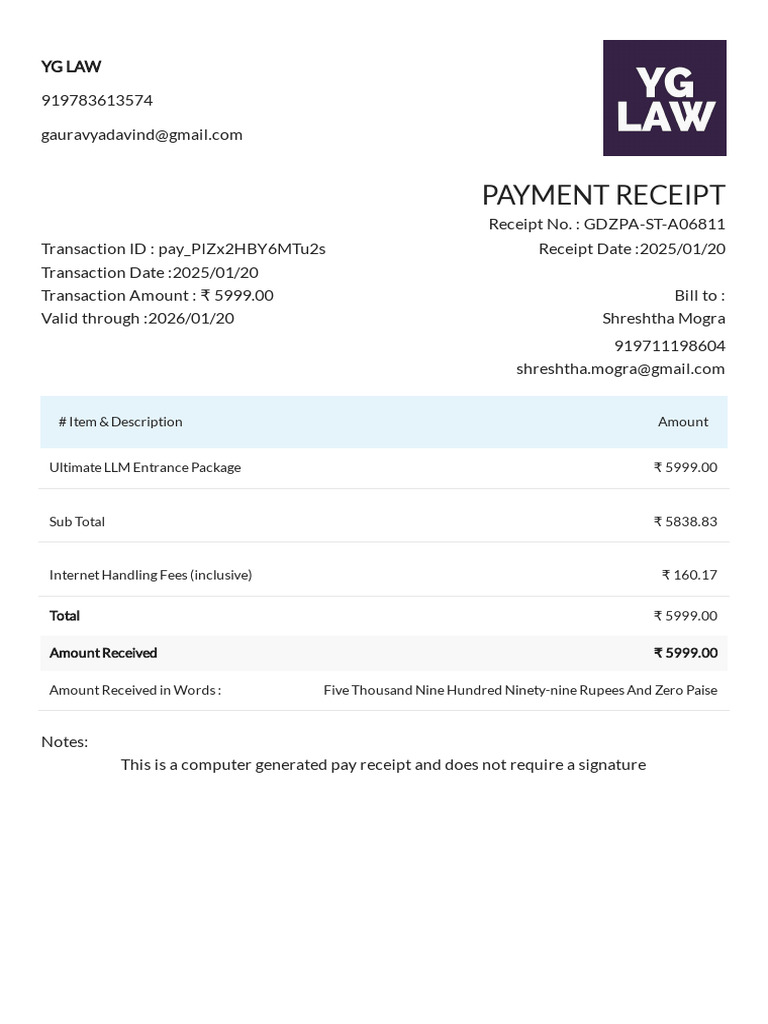 Payment Receipt for LLM Package | PDF