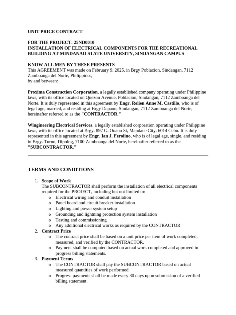 Unit Price Contract | PDF | General Contractor | Business