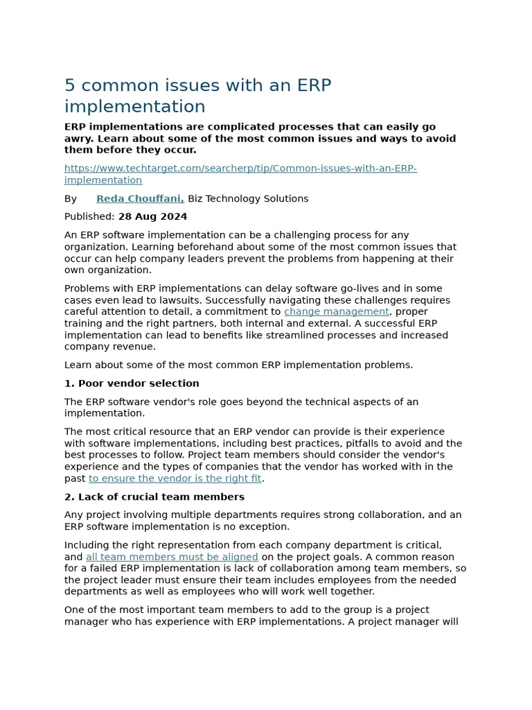 5 Common Issues With An ERP Implementation (TechTarget) | PDF | Enterprise Resource Planning ...
