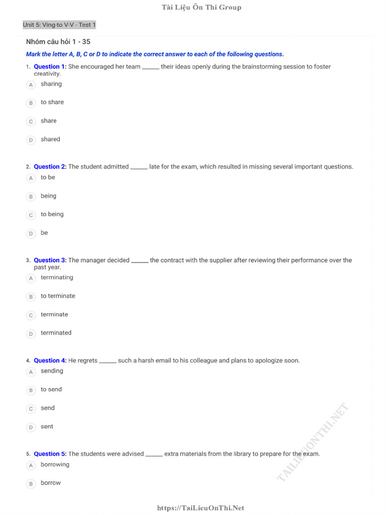 Unit 5 Ving-To V-V - Test 1 | PDF