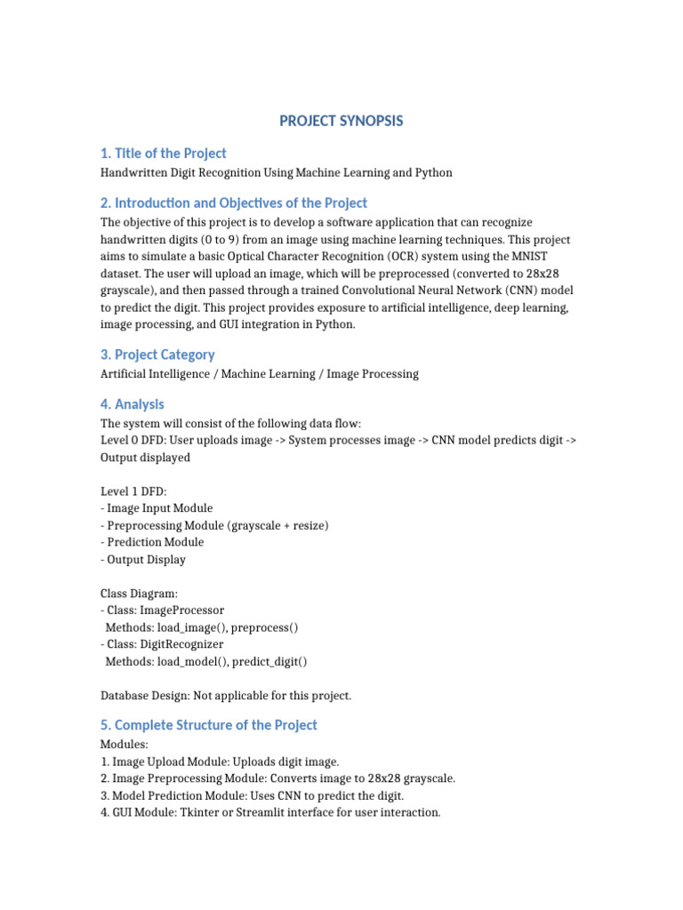 IGNOU BCA Project Synopsis Handwritten Digit Recognition | PDF ...