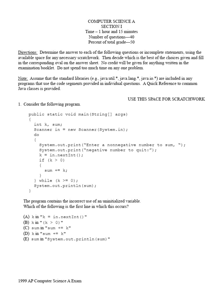 Ap Computer Science 1999 A Mc Pdf Integer Computer Science Parameter Computer Programming