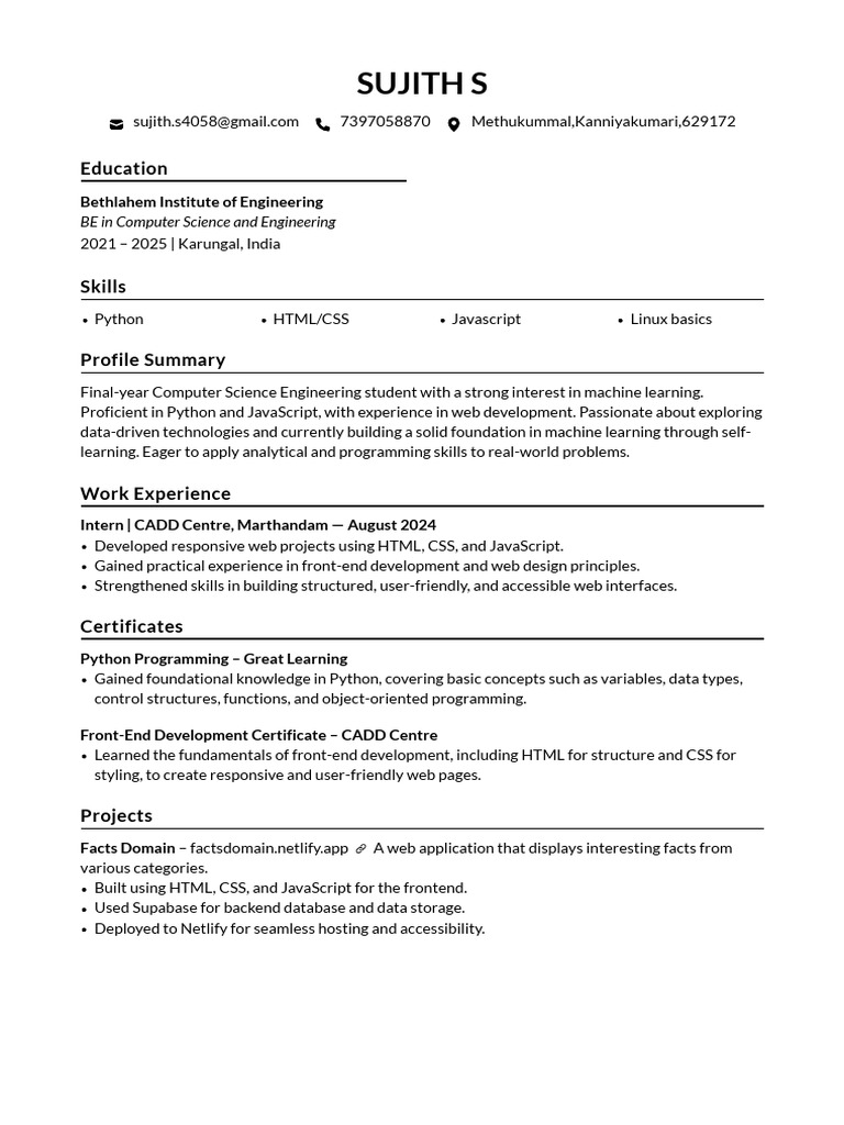 SUJITH S FlowCV Resume 20250414 | PDF